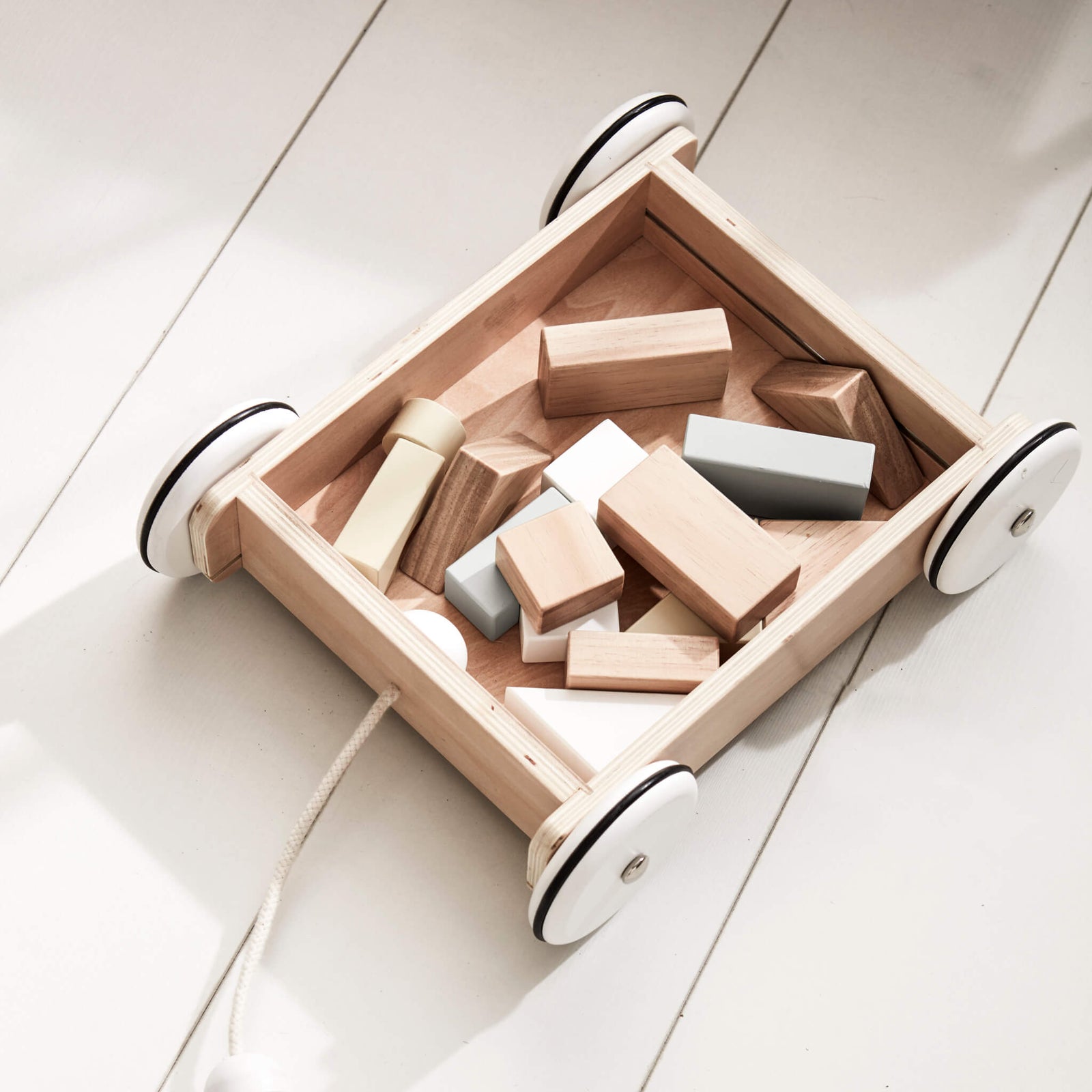 Kids Concept Pull Along Wagon With Blocks, Wooden Toys | Oskoe