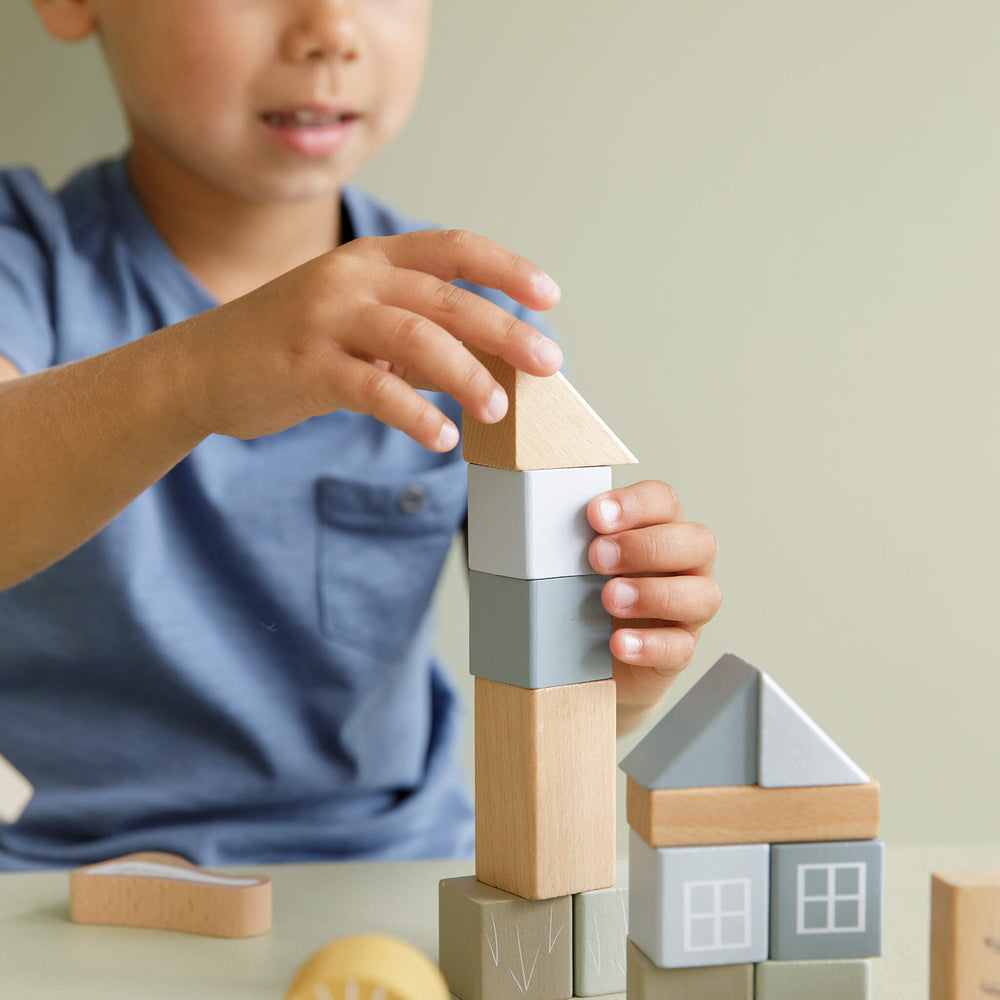 Little Dutch Blue Wooden Building Blocks In Bucket | Oskoe
