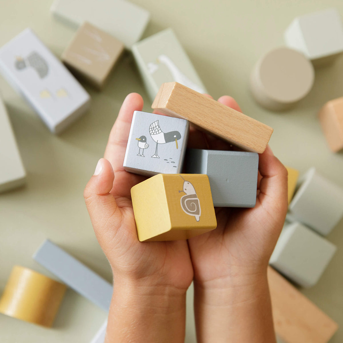 Little Dutch Blue Wooden Building Blocks In Bucket | Oskoe