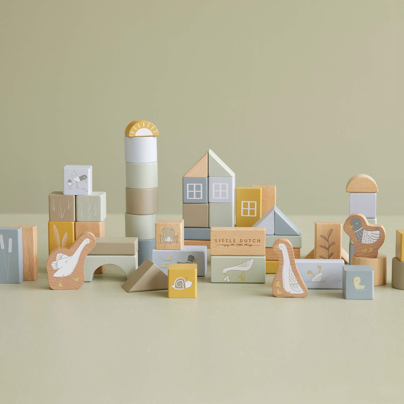 Little Dutch Blue Wooden Building Blocks In Bucket | Oskoe