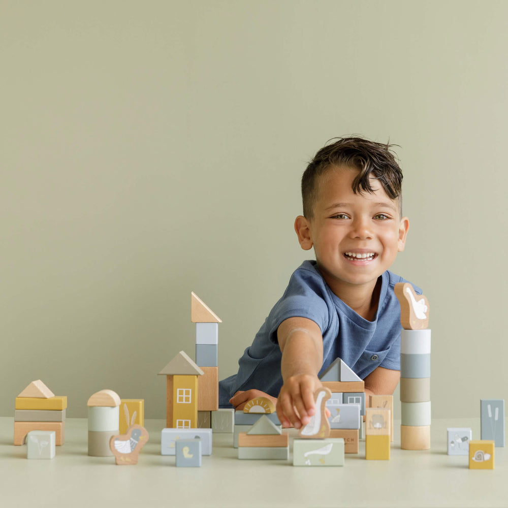 Little Dutch Blue Wooden Building Blocks In Bucket | Oskoe